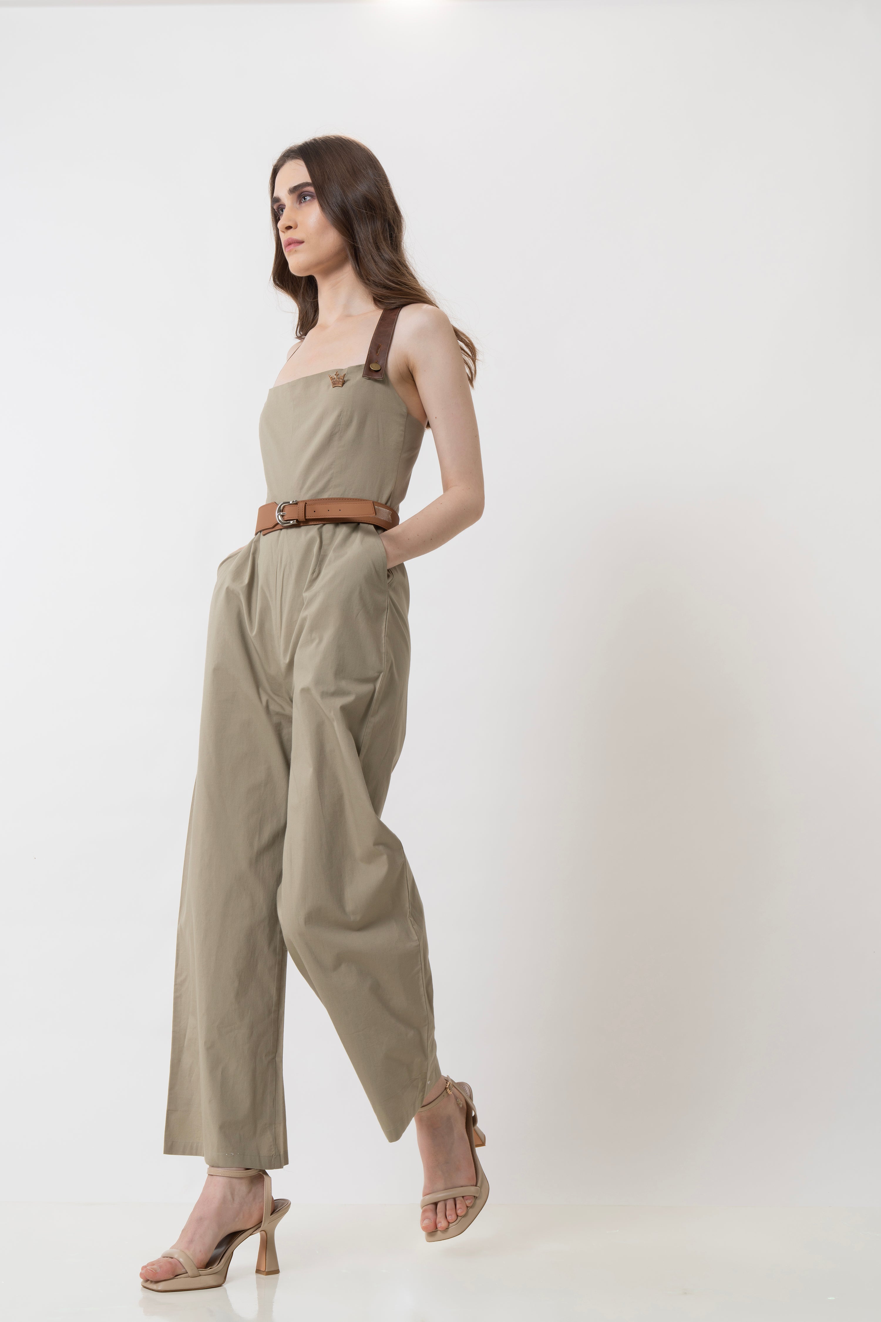 DEMELIER - The Tan Strap Jumpsuit with Belt– Madames.in